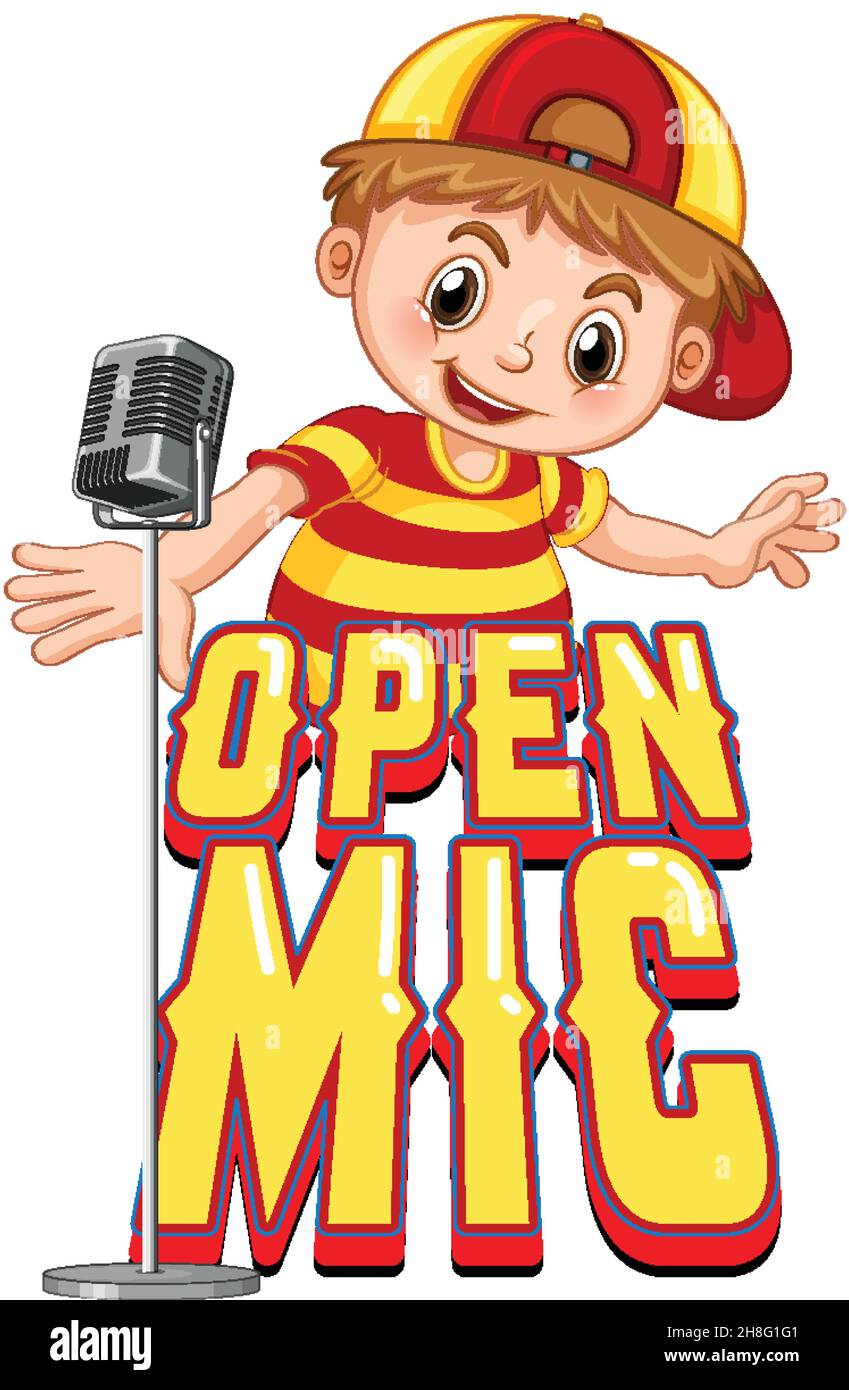 Open mic logo design with singer boy cartoon character illustration ...