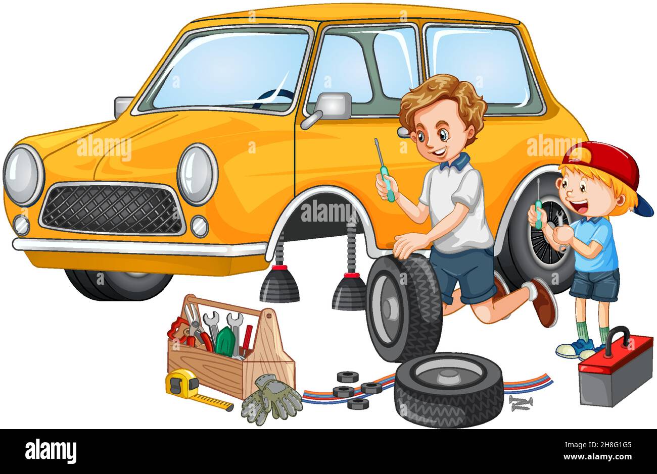 Dad and son fixing a car together on white background illustration ...