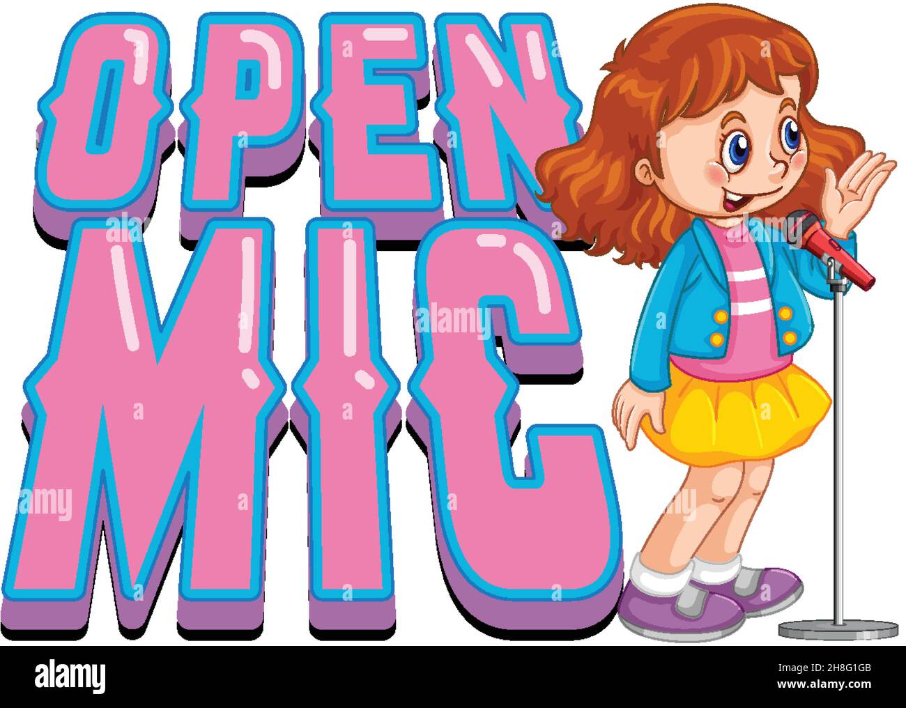 Open mic logo design with singer girl cartoon character illustration ...