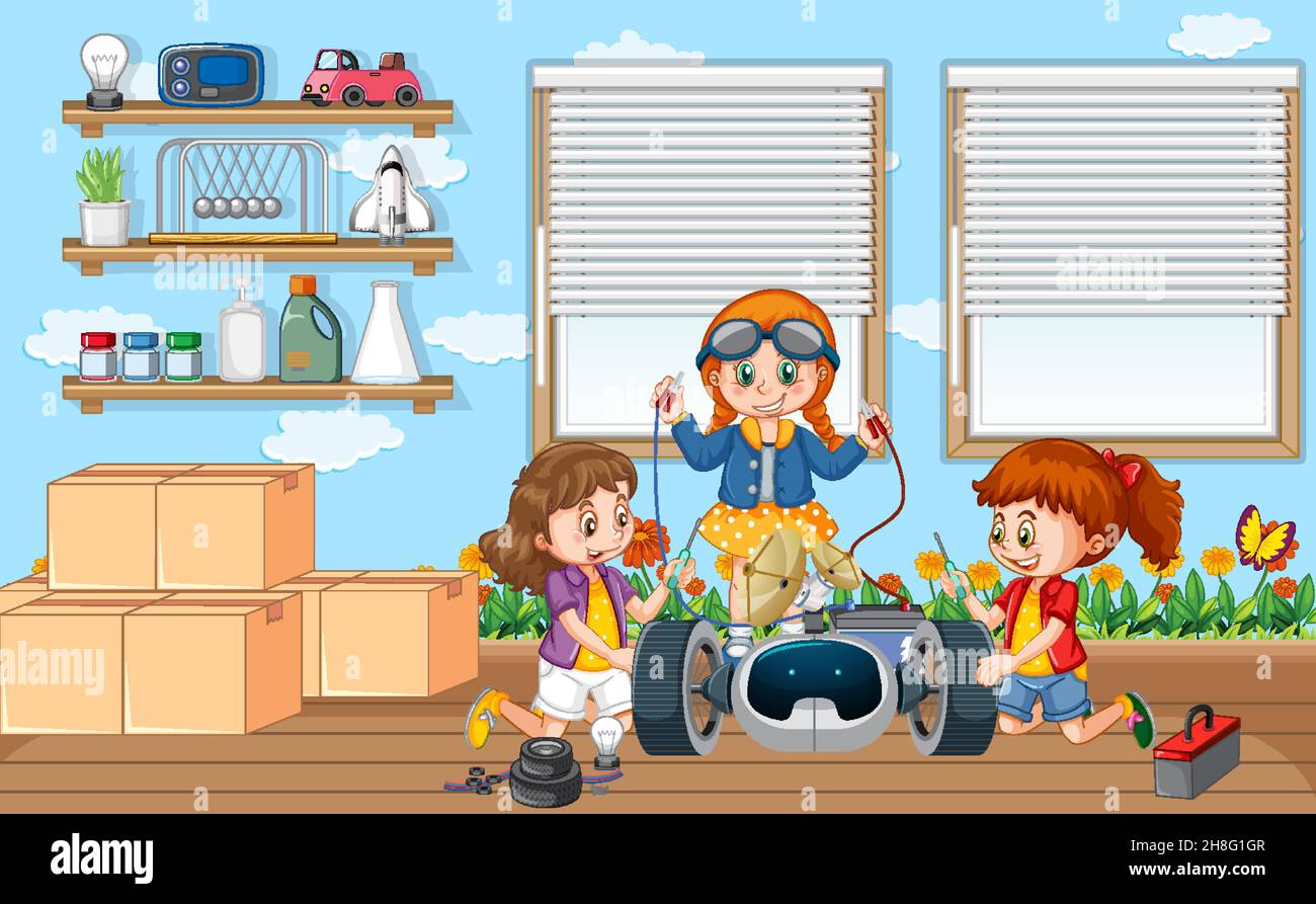 Children fixing a robot together in the room scene illustration Stock ...