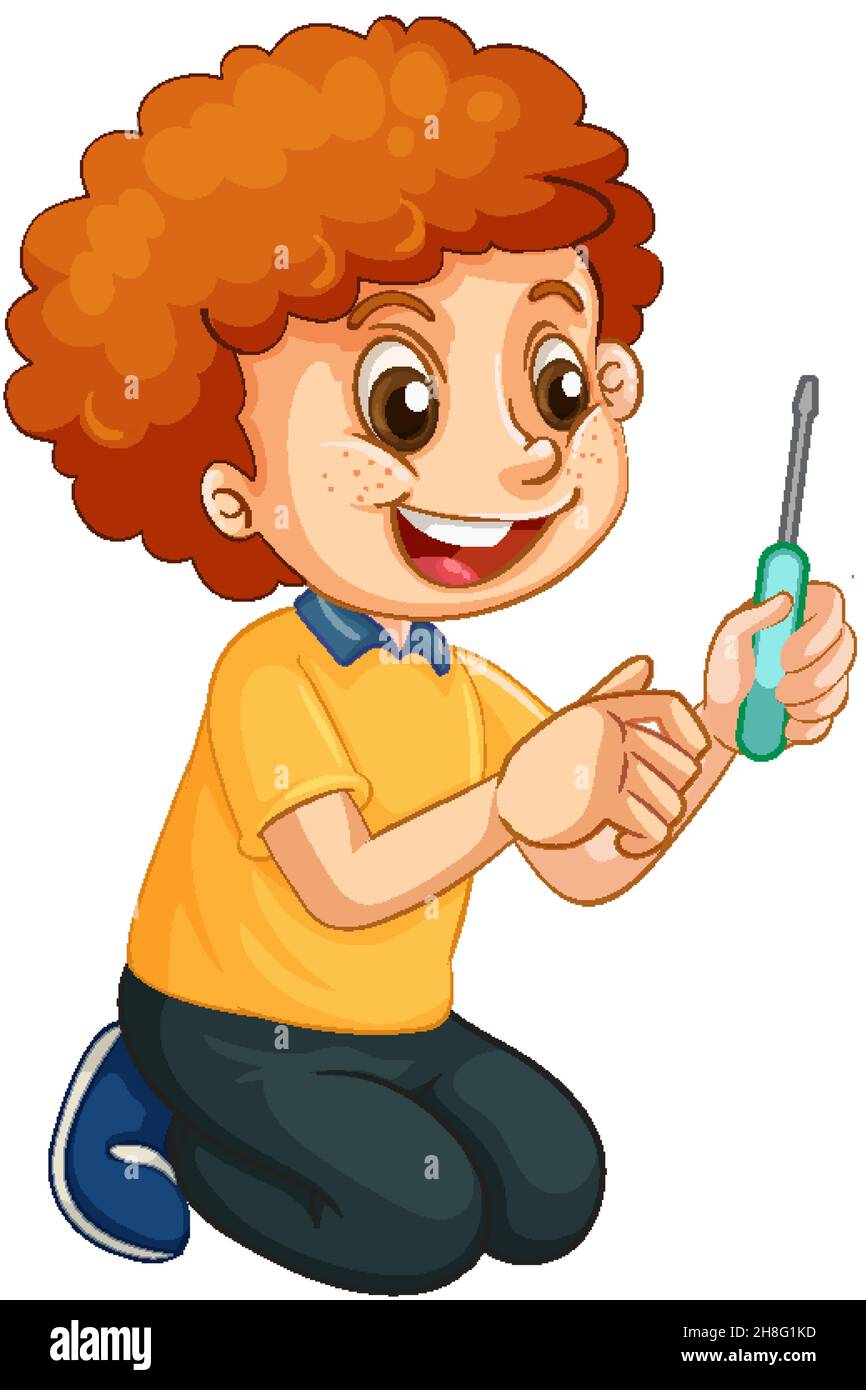 A boy holding a screwdriver on white background illustration Stock ...