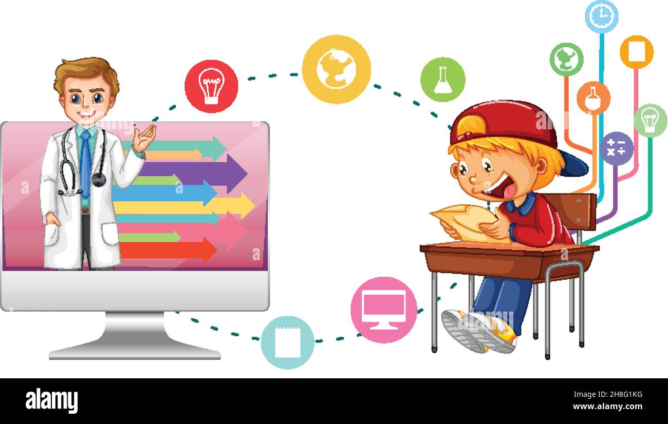 Young boy studying in front of computer illustration Stock Vector Image ...