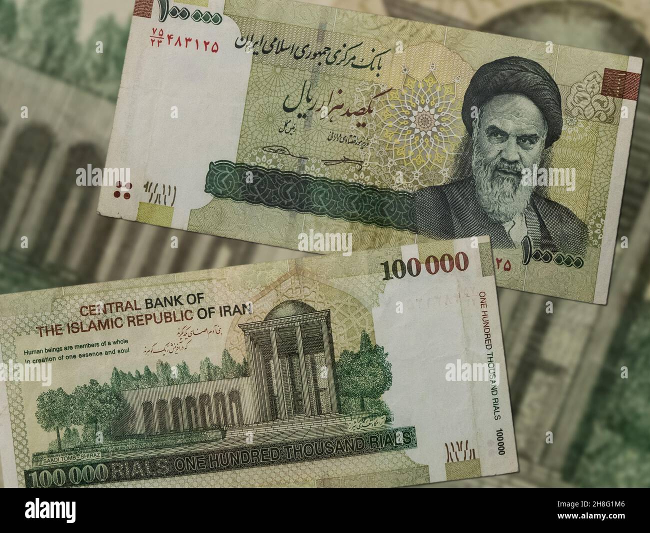 Iran Rial banknotes depicting Ayatollah Khomeini on the table Stock ...