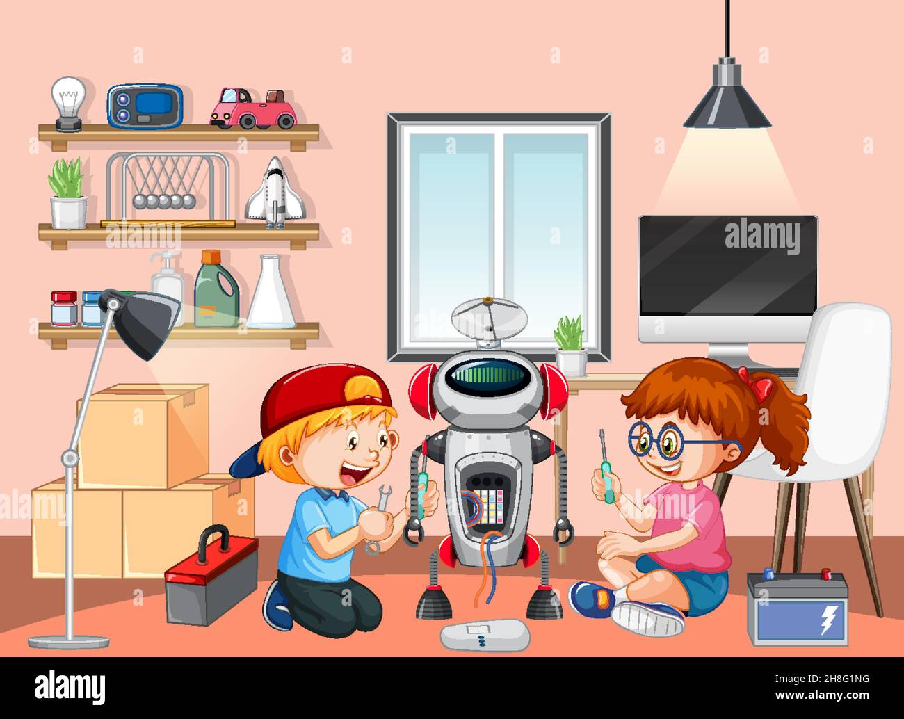 Children fixing a robot together in the room scene illustration Stock ...