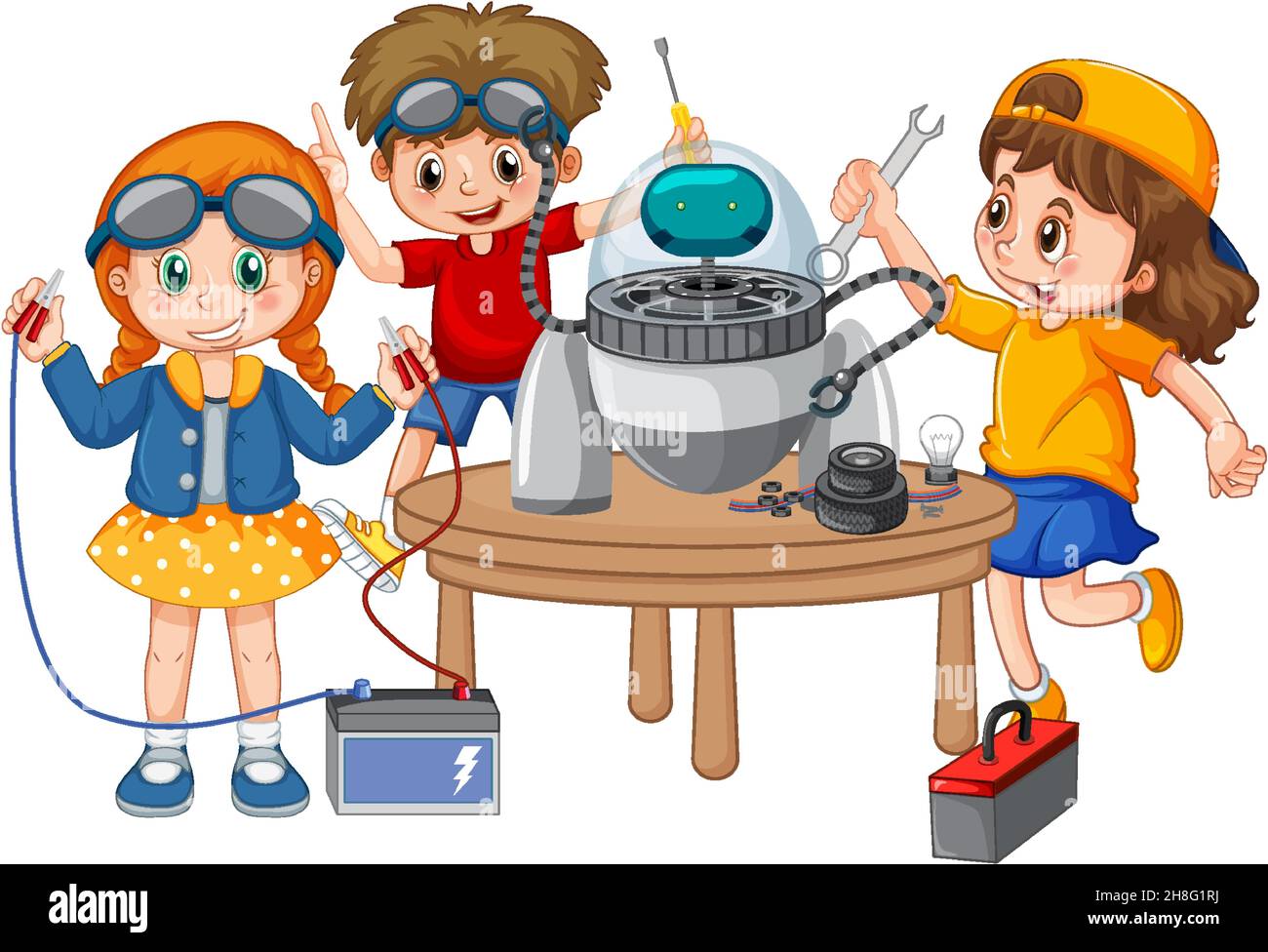 Children fixing a robot together on white background illustration Stock ...