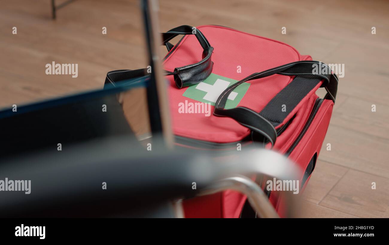 Close up of medical bag with healthcare equipment for treatment and ...
