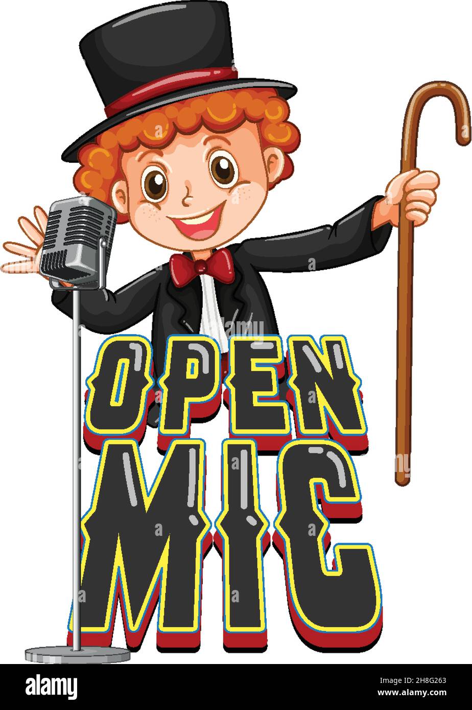 Open mic logo design with magician boy cartoon character illustration ...