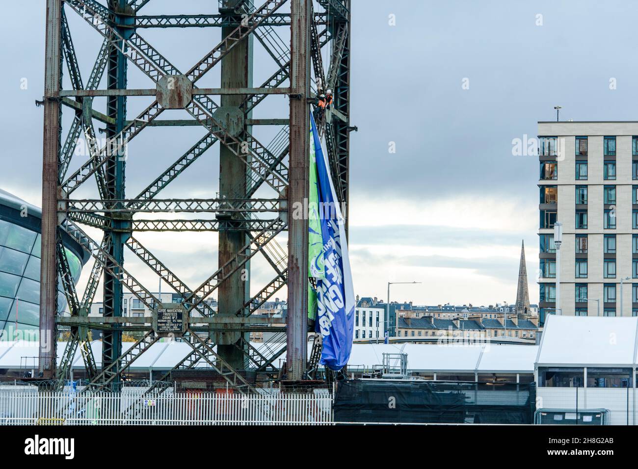 A protesters flag is taken down from Finniston crane near the site of ...