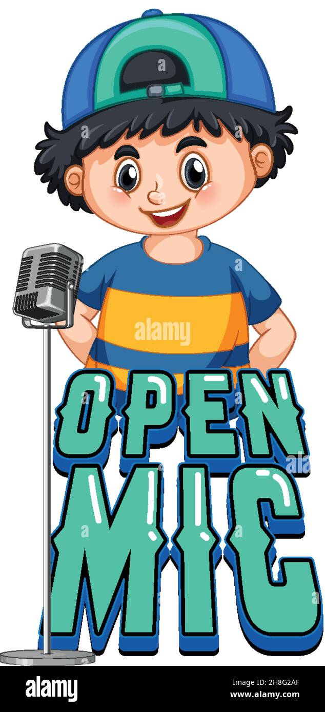 Open mic logo design with boy cartoon character illustration Stock ...