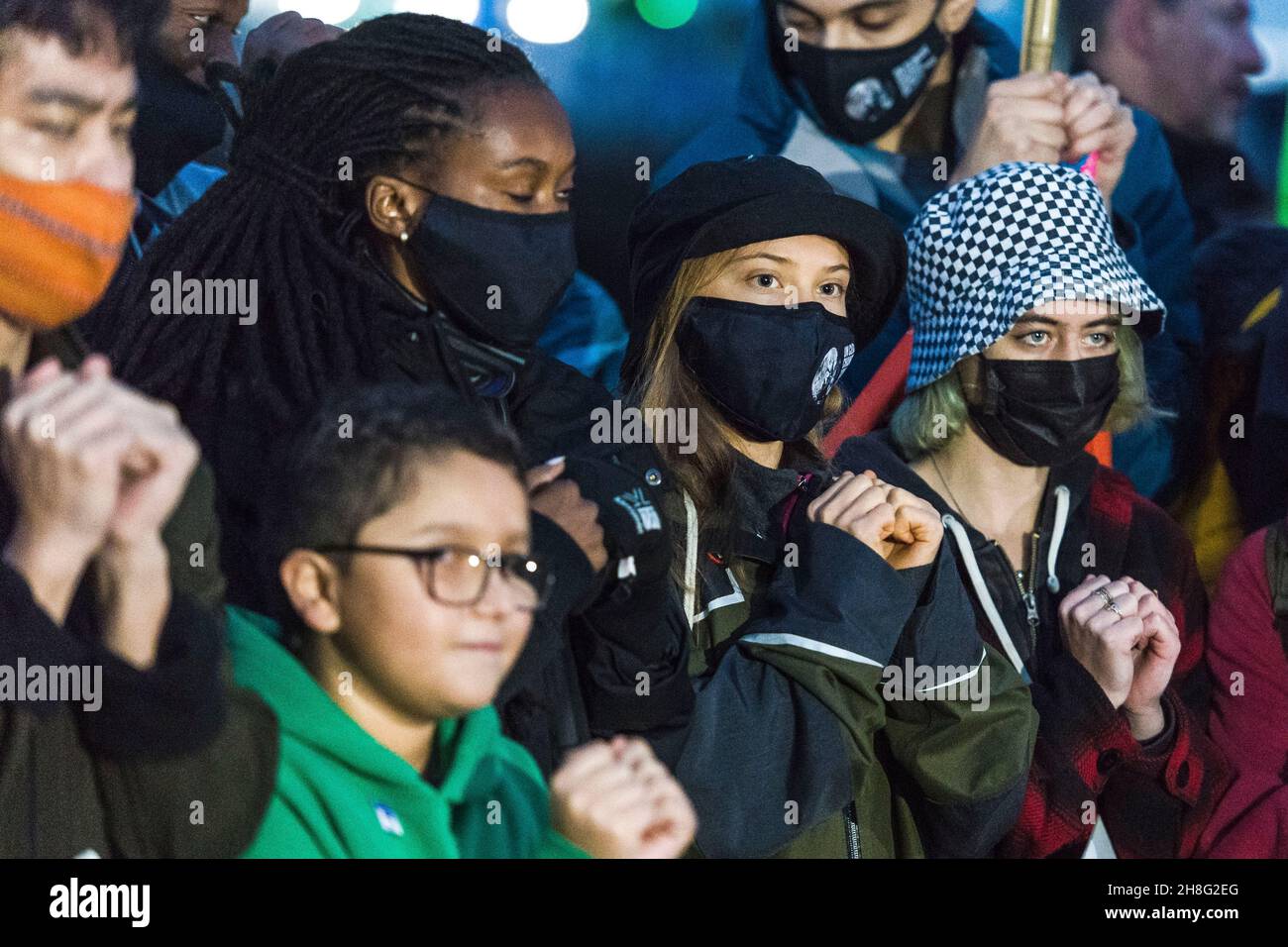 Greta Thunberg stands with activists at Clyde side who gather near the ...