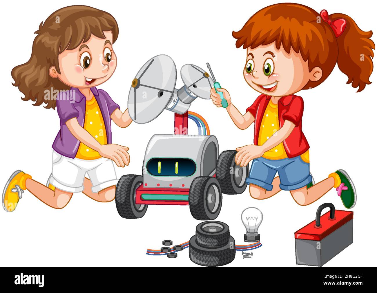 Children fixing a robot together on white background illustration Stock ...