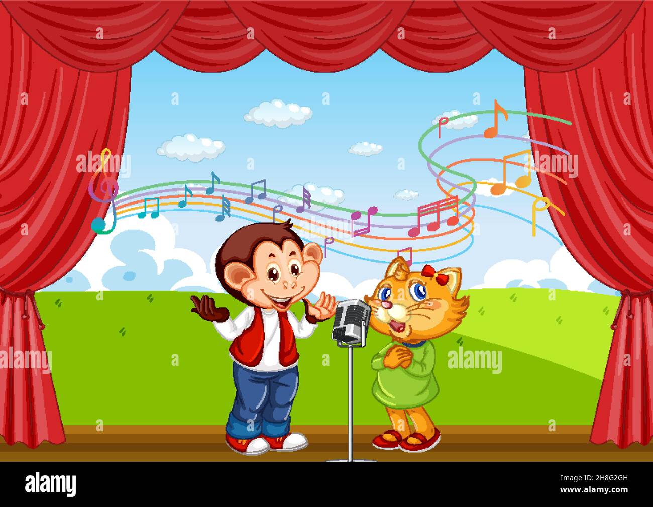 Monkey and cat cartoon character singing on stage illustration Stock ...