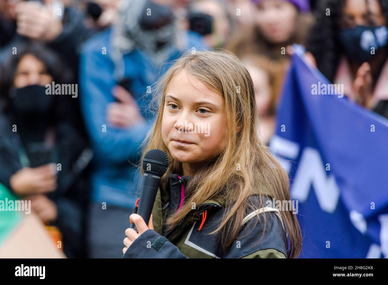 Greta Thunberg addresses activists who gather in Festival park near the ...