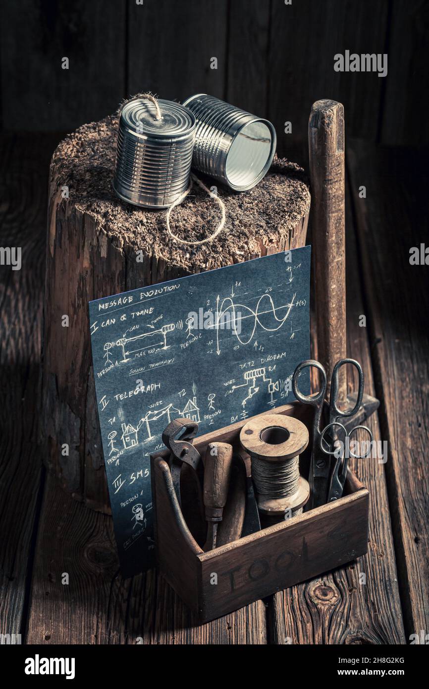 Analog telephone made of cans and string as a communication concept ...