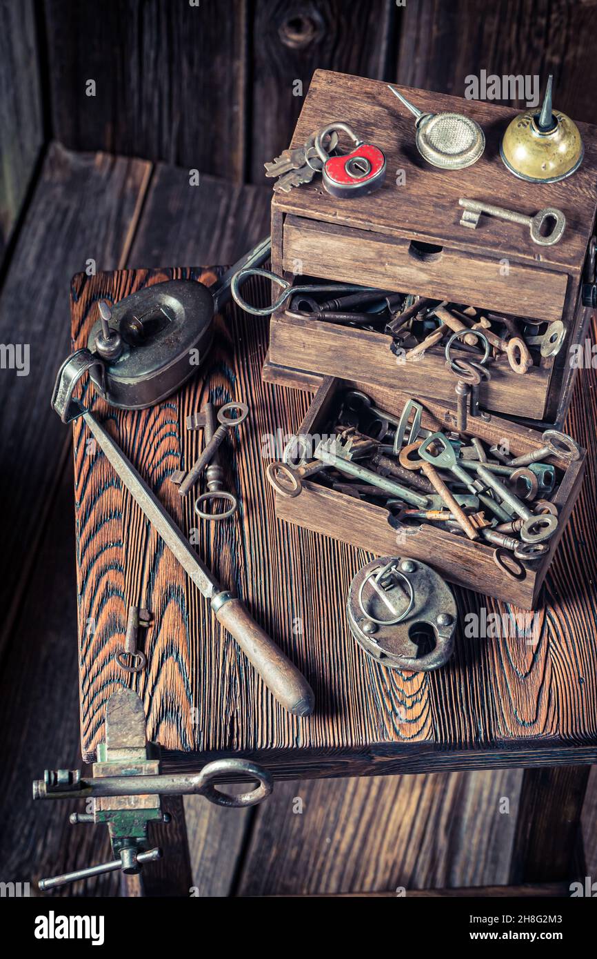 Vintage locksmiths workshop with keys and locks. Ancient locksmiths ...