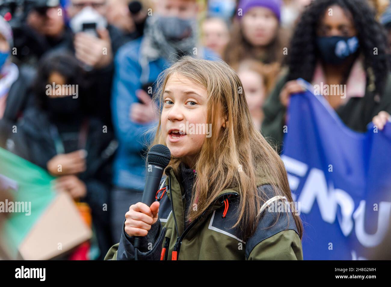 Greta Thunberg addresses activists who gather in Festival park near the ...
