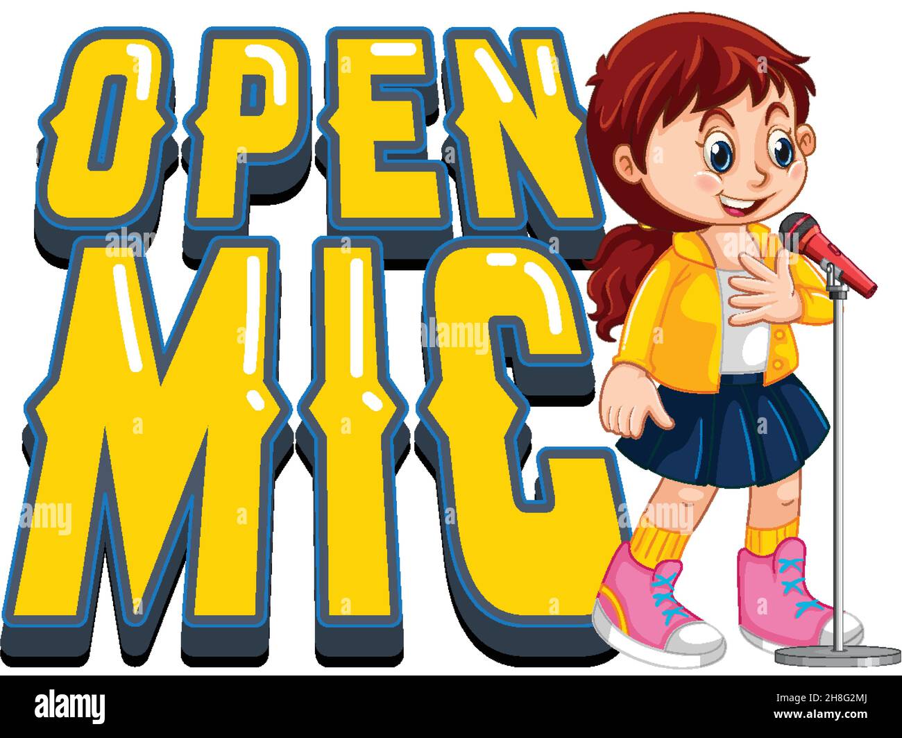 Open mic logo design with singer girl cartoon character illustration ...
