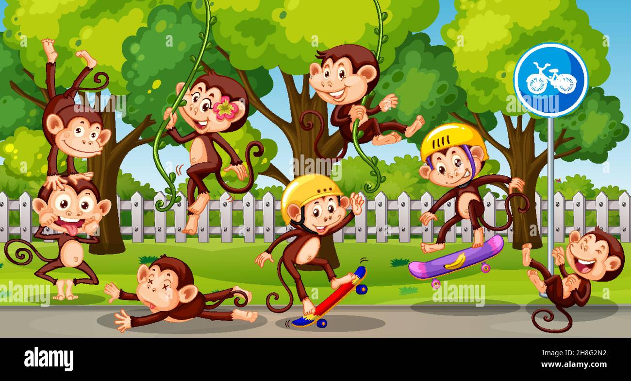 Little monkeys playing at the park illustration Stock Vector Image ...