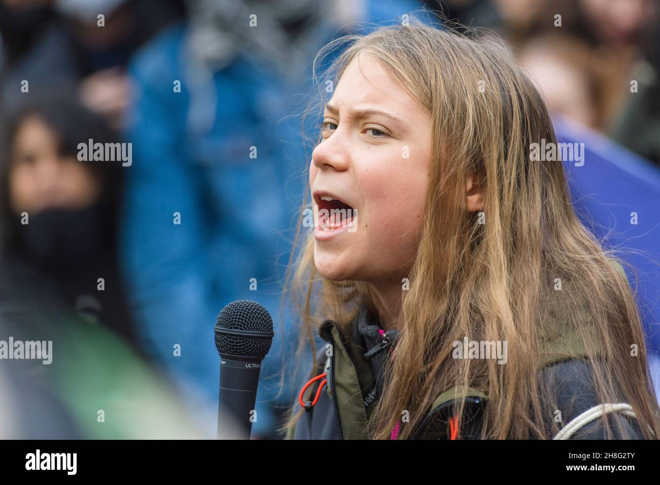Greta Thunberg addresses activists who gather in Festival park near the site of Cop26 in Glasgow ...
