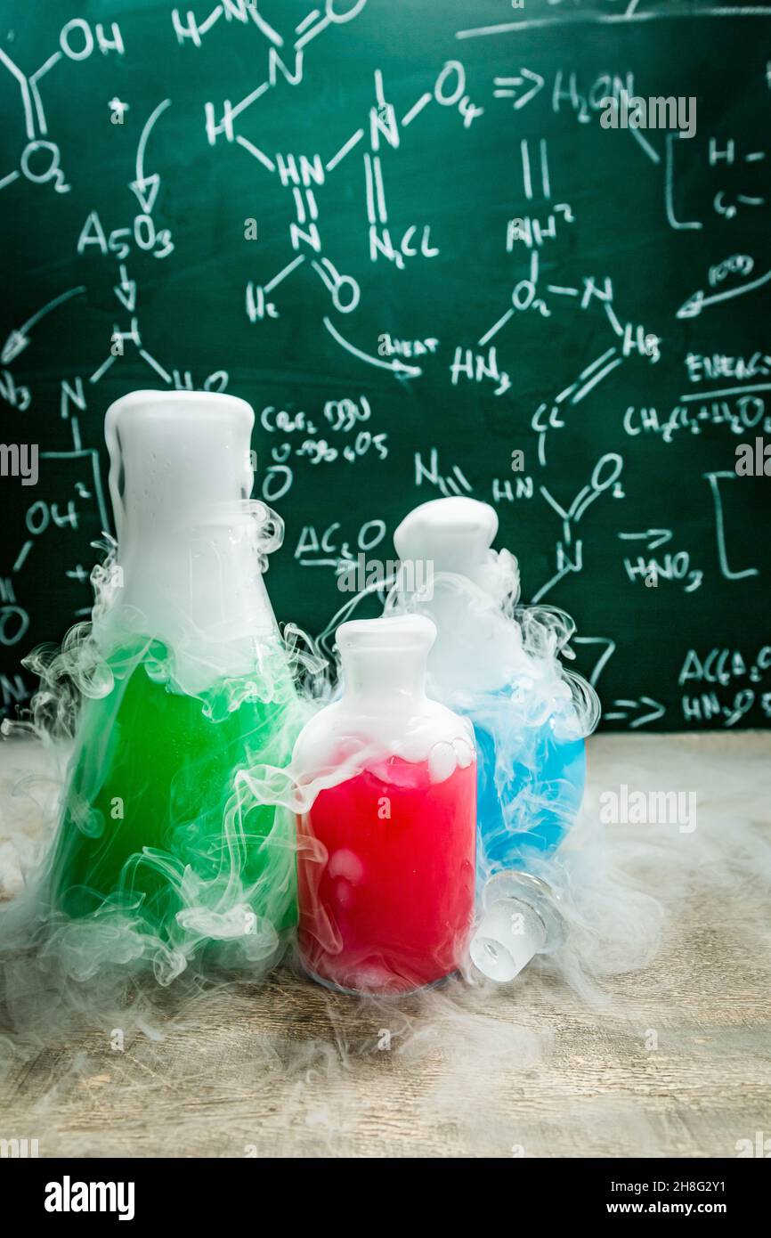 Old school laboratory with beakers chemical formula. Practical ...