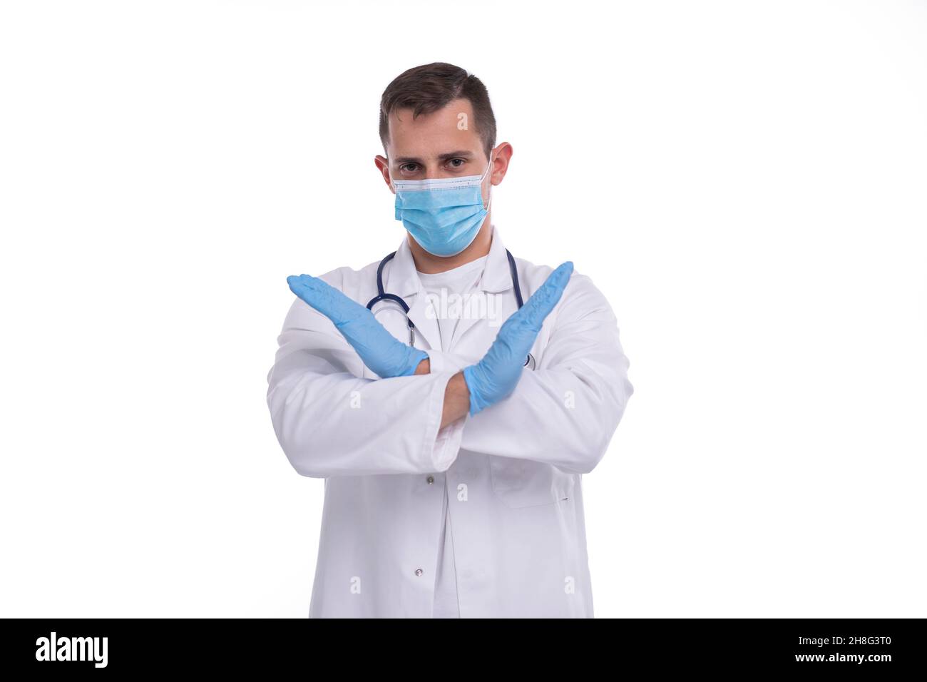 Male Doctor Hands Crossed Stop Sign Wearing Medical Mask and Gloves ...