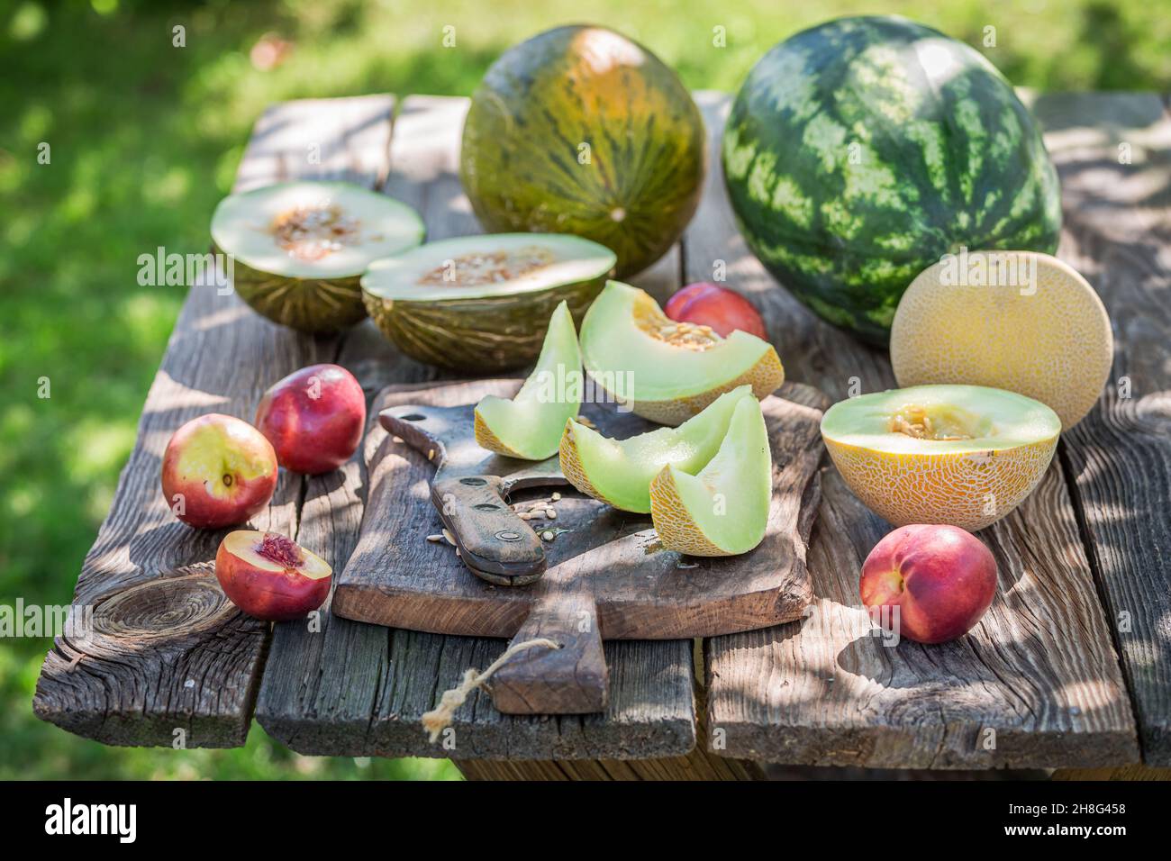 Healthy various of fresh fruits. Fruits in summer garden. Garden in ...