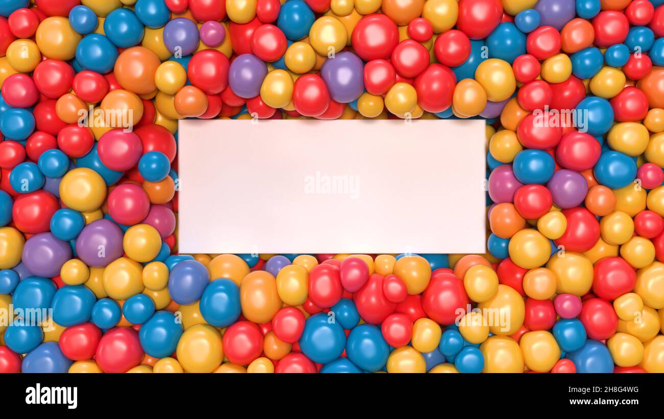 Rectangle surrounded with glossy colorful balloons. 3D rendering Stock ...