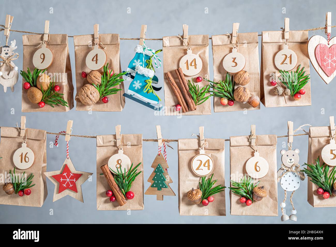 Original Advent Calendar for Christmas as paper bag with clips on the ...