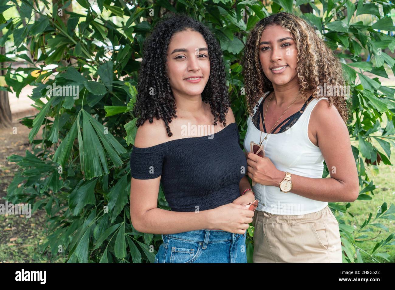 Two friends standing in the city park Stock Photo - Alamy