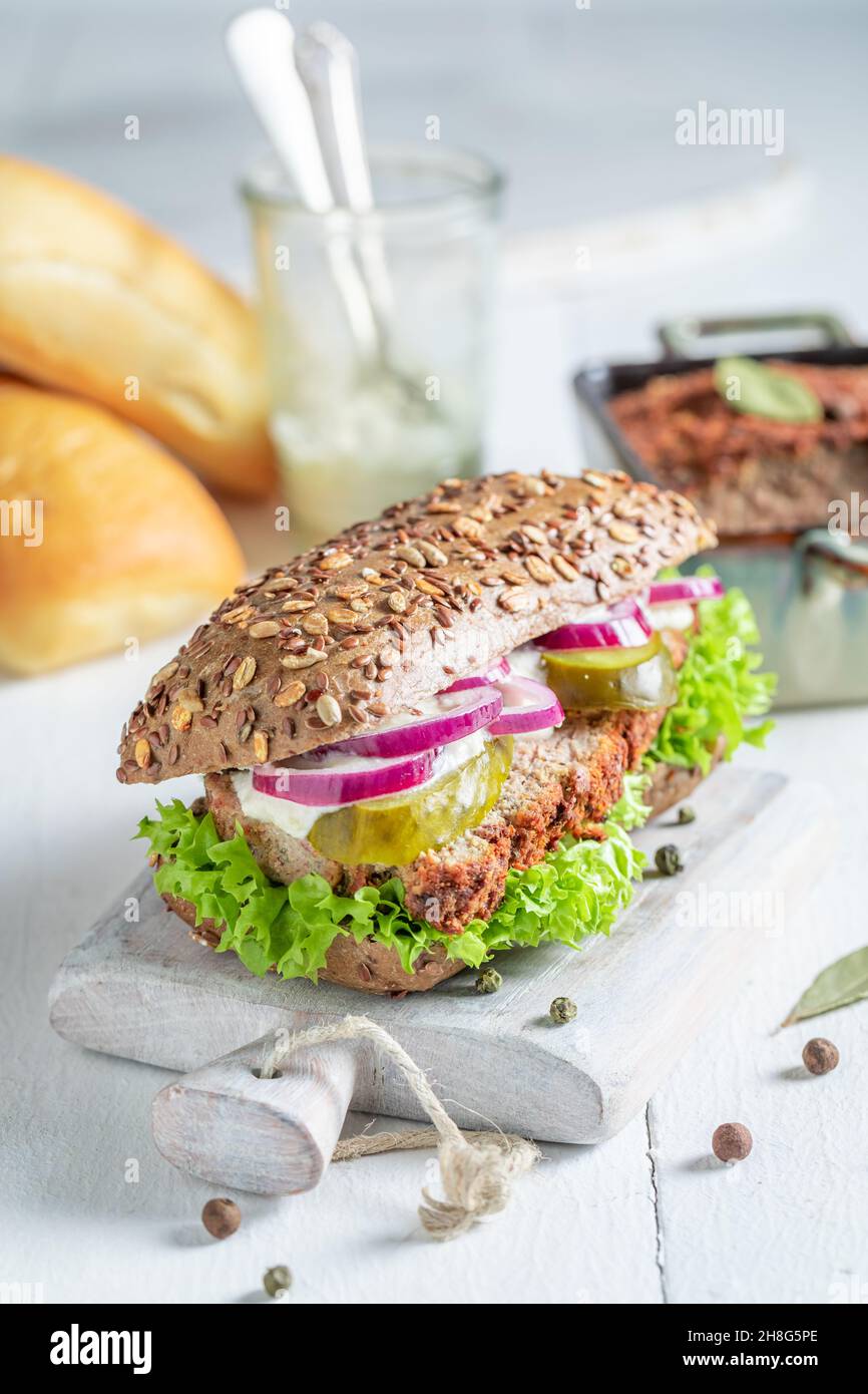 Homemade pate sandwich with pickled cucumbers and lettuce for breakfast ...