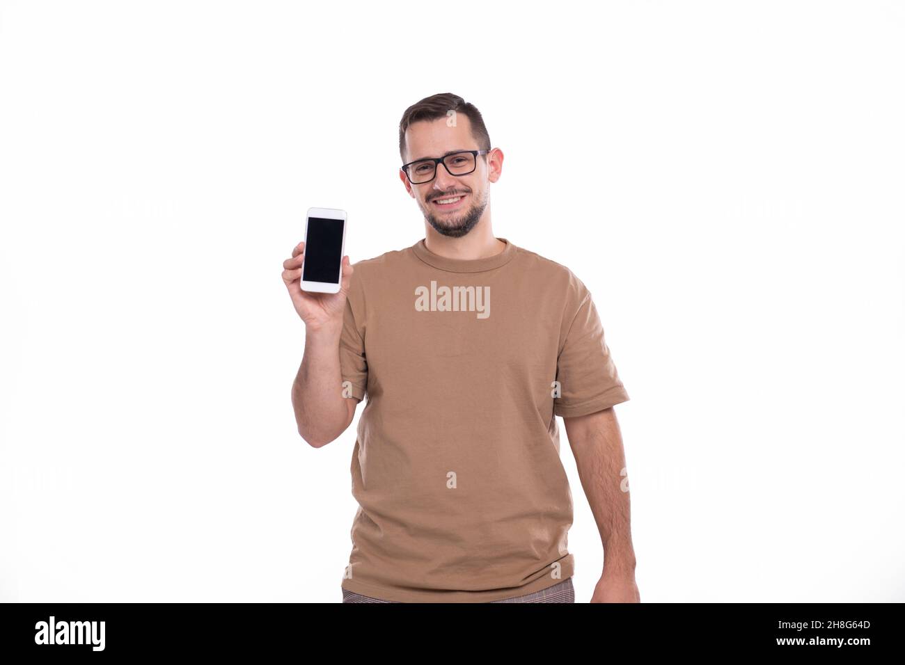 Man Holding Phone Isolated. Man Phone in Hands. Technology Stock Photo ...