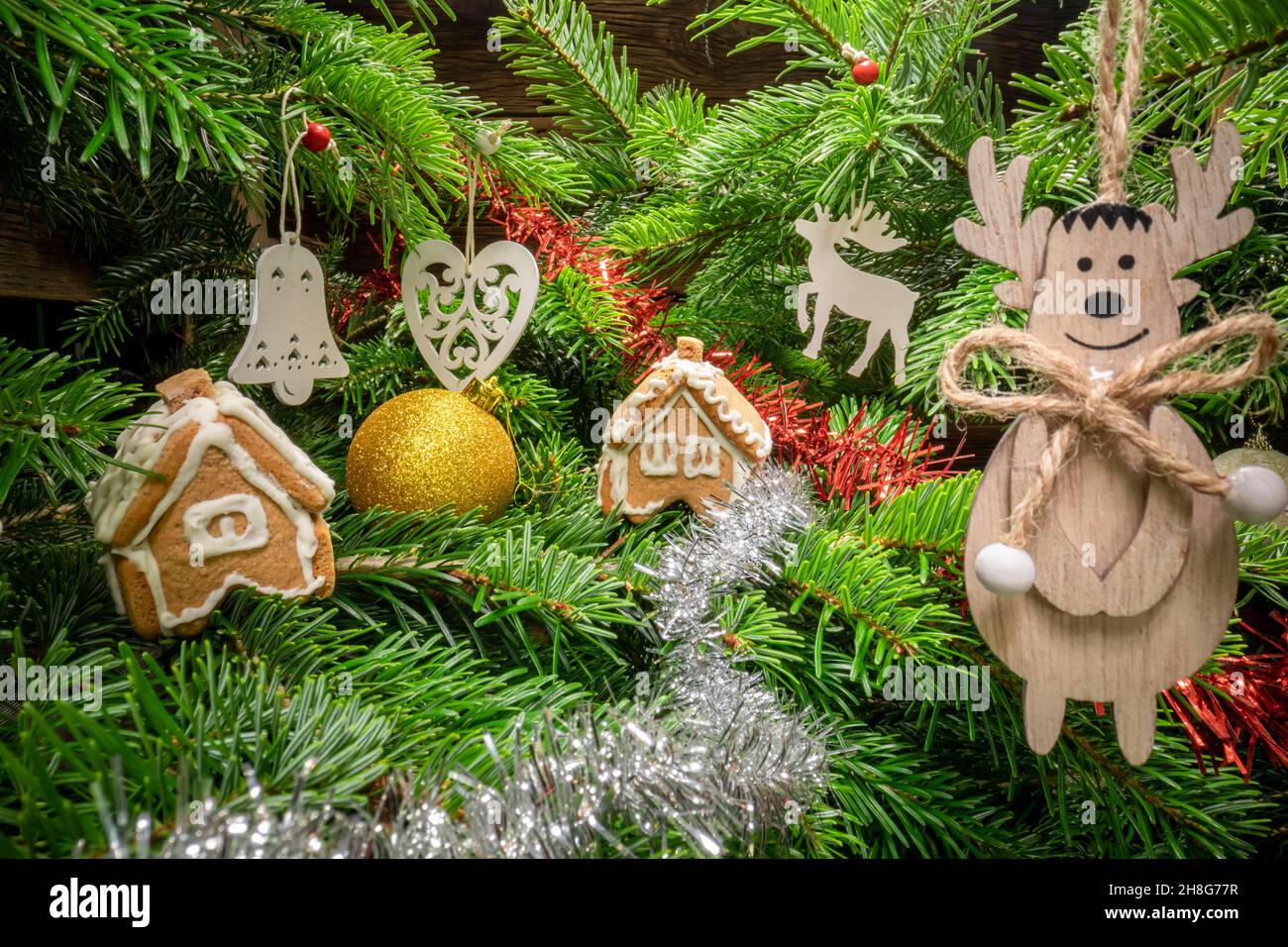 Christmas tree view from inside with traditional decorations. Christmas ...
