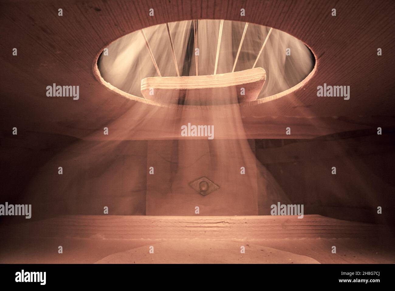 Guitar from inside with strings. Interior of acoustic guitar. Macro ...
