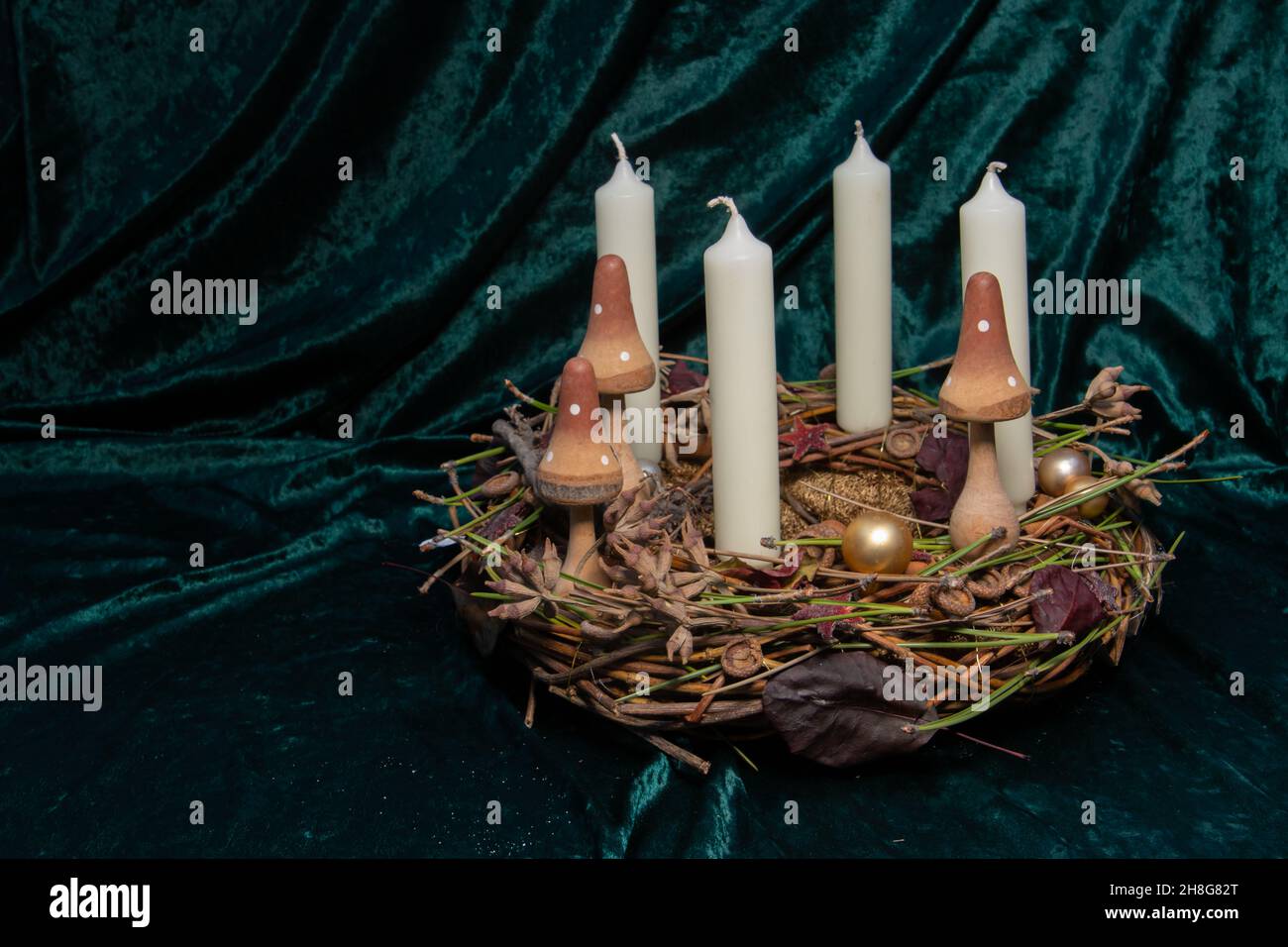 Self made Advent wreath with selective focus on foreground with four ...