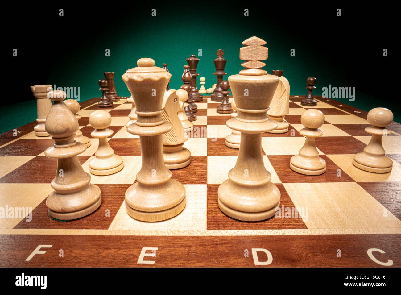 Royal chess shown in an unusual way on green background Stock Photo - Alamy