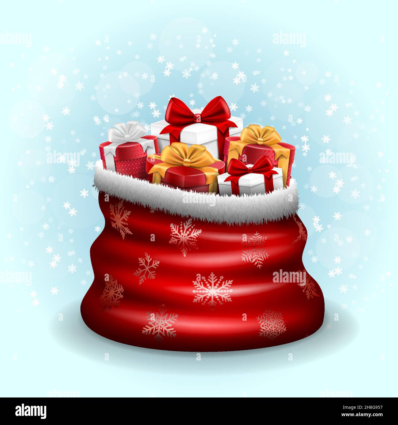 Bag of holiday gifts boxes on winter forest background vector ...