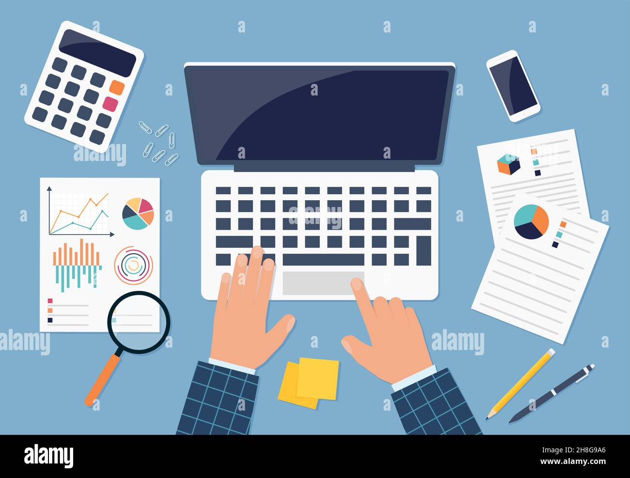 Financial Accounting Desk. Top view of a table, laptop, folder ...