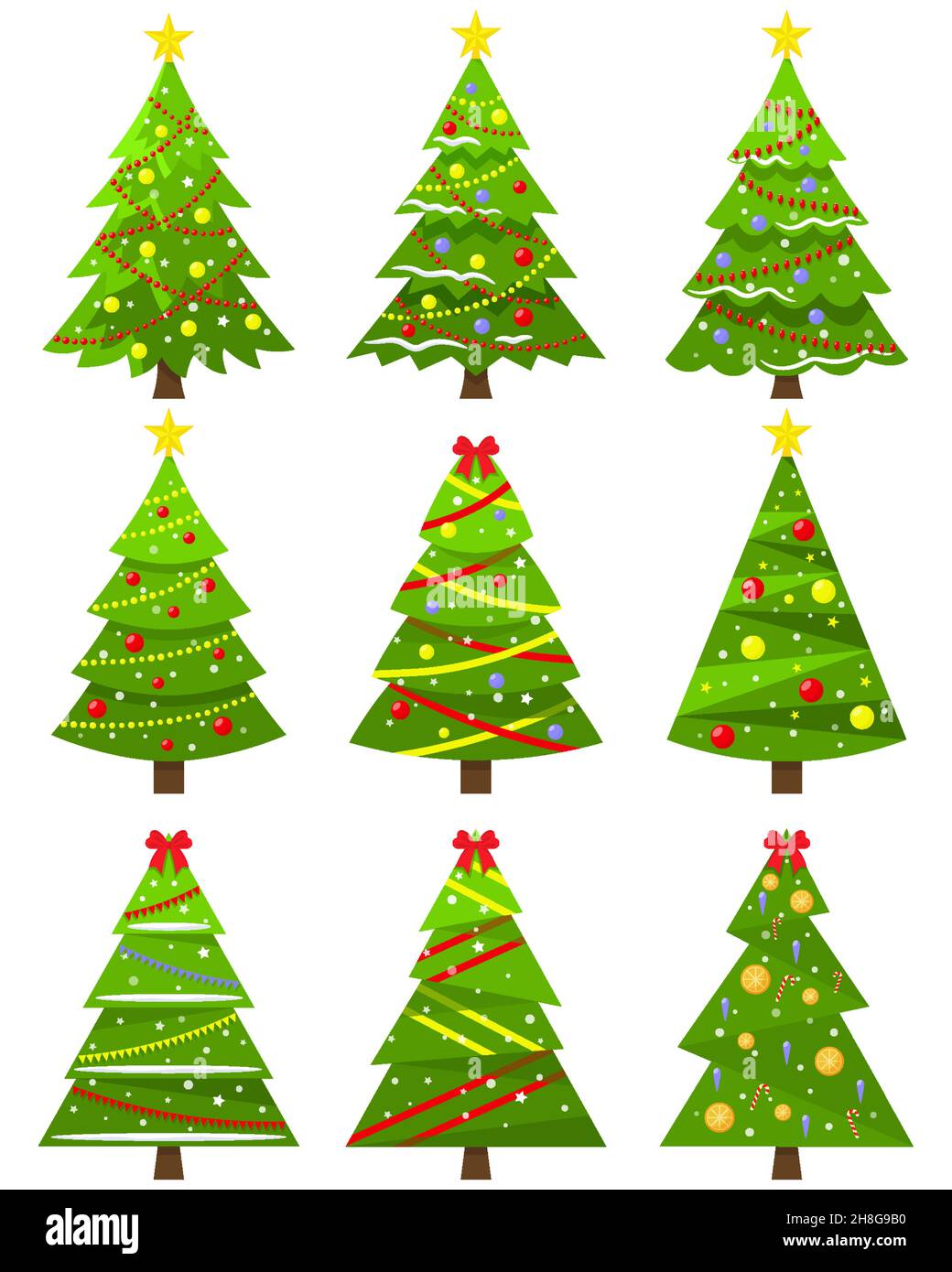 Decorative Christmas trees icons set. Cute Christmas trees with toys ...