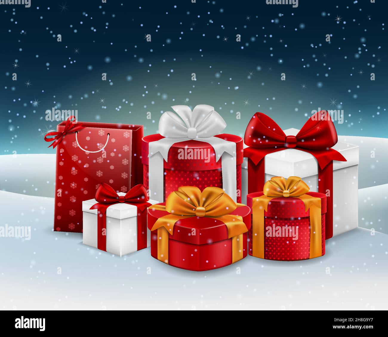 Presents. christmas gifts boxes front of winter christmas background 3d ...