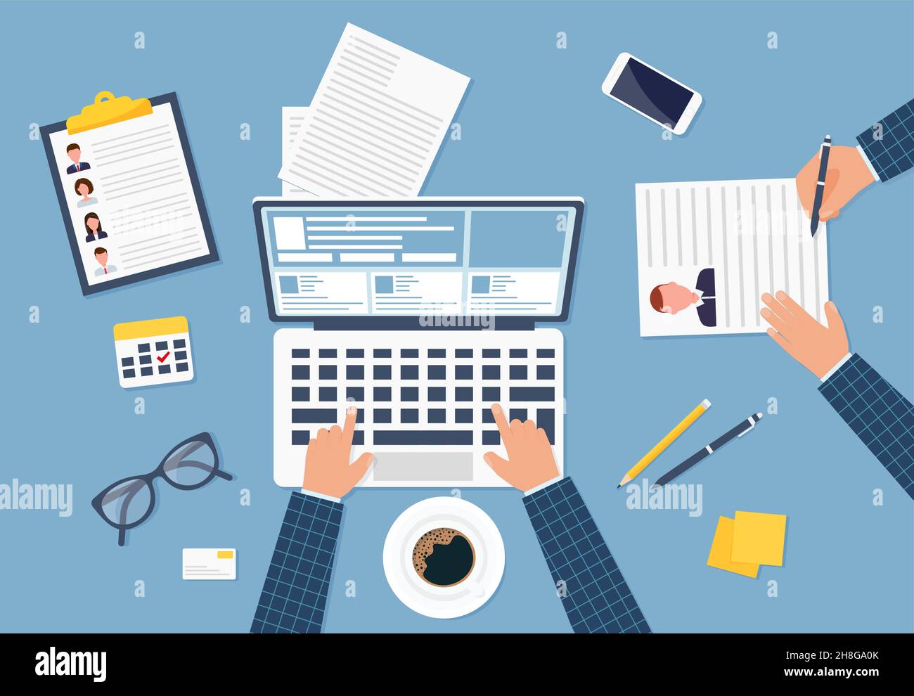 Designed by human resources meeting. Top view of a table, laptop ...