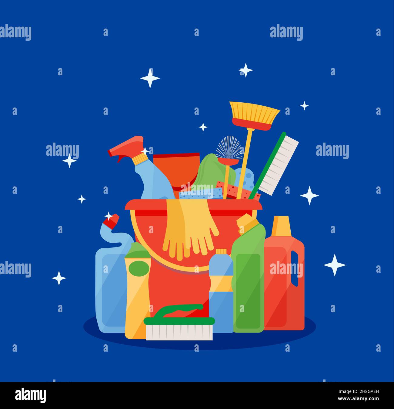 Assorted cleaning items set with brooms, bucket, mops, spray, brushes ...