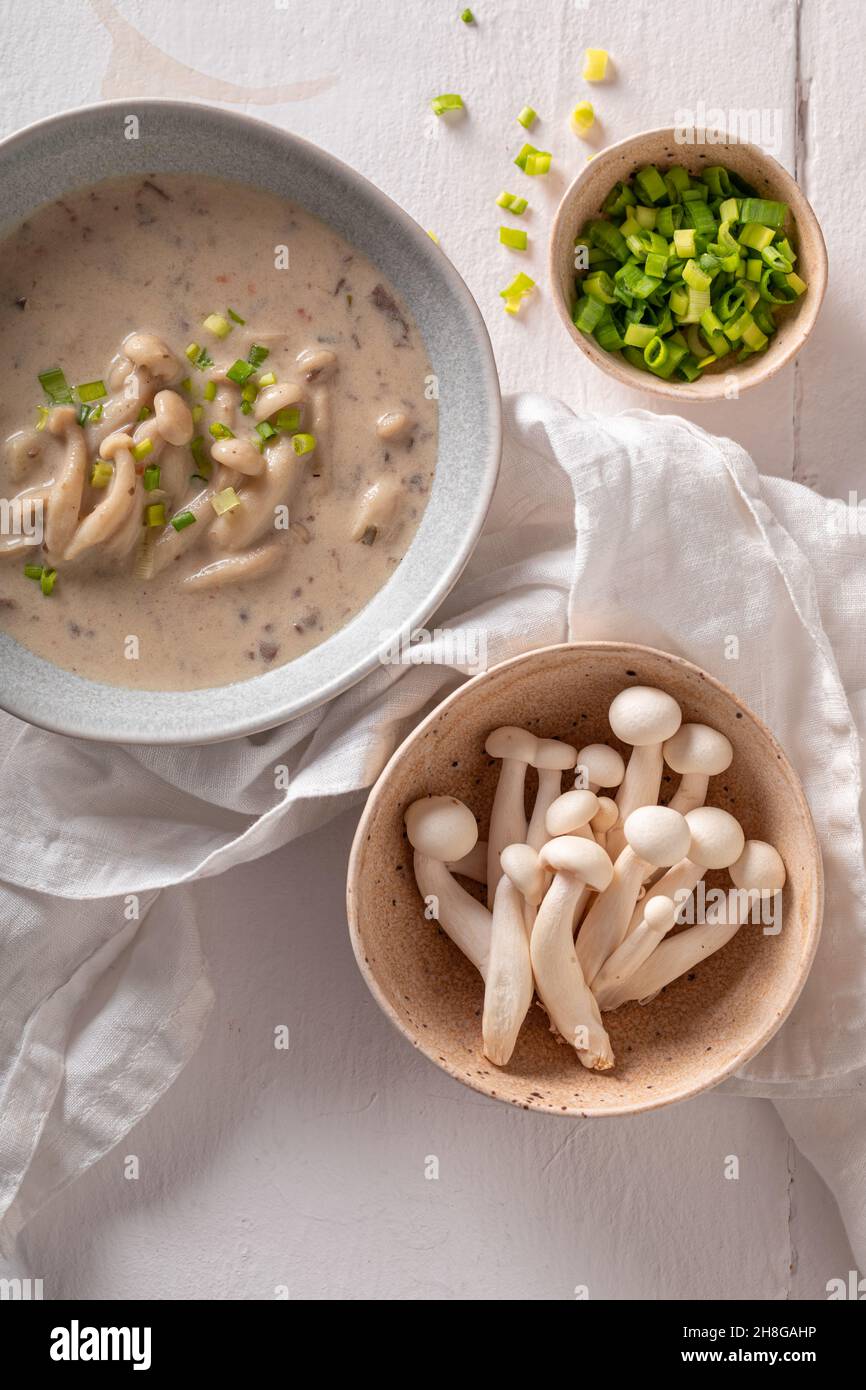 Homemade shimeji mushroom soup with cream and chives. Japanese mushroom ...