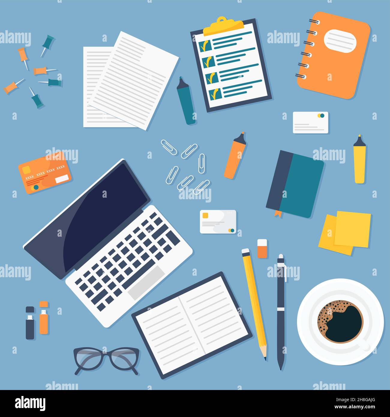 Desktop workplace background. Top view of a table, laptop, folder ...