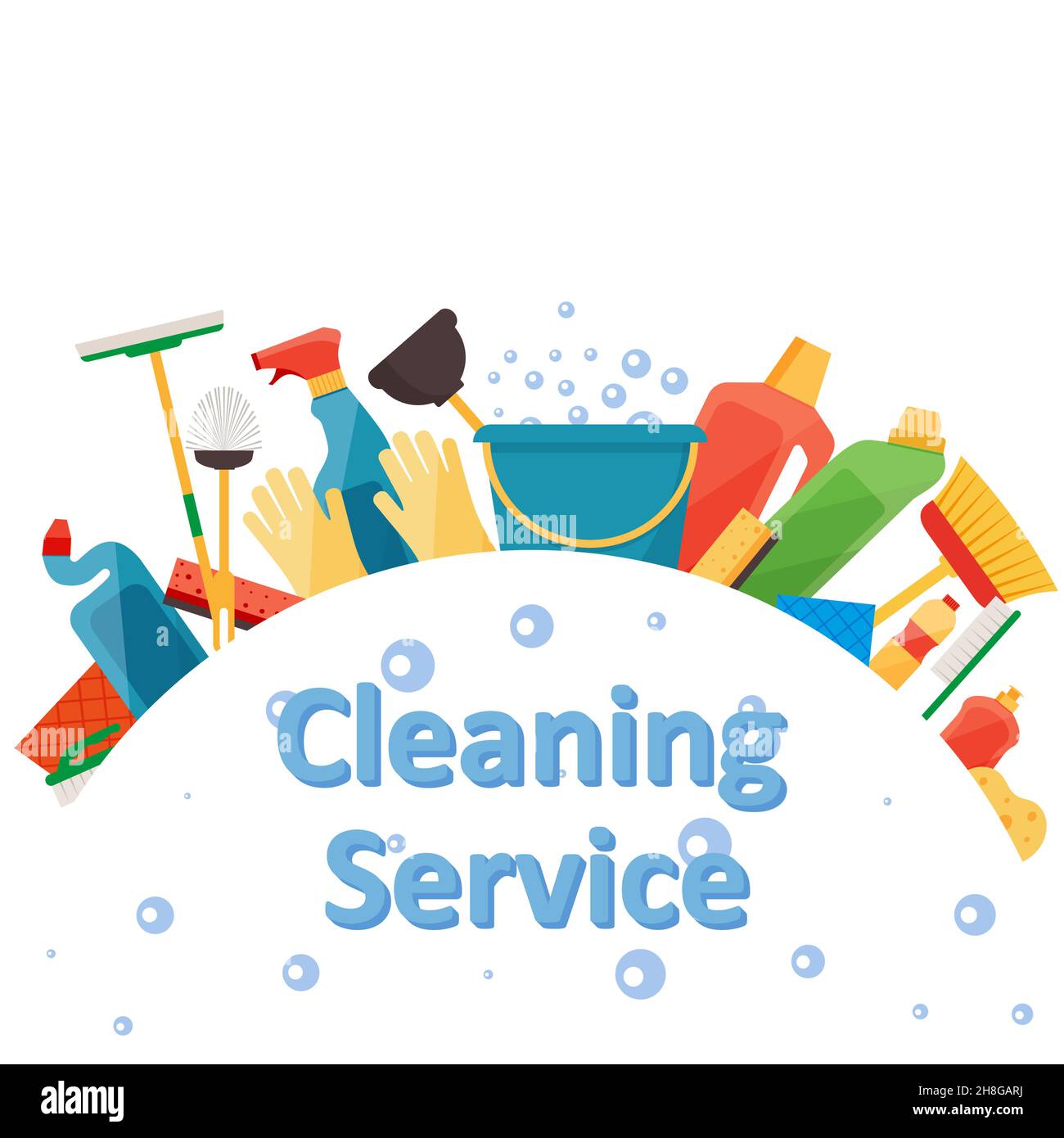 Assorted cleaning items set with brooms, bucket, mops, spray, brushes ...