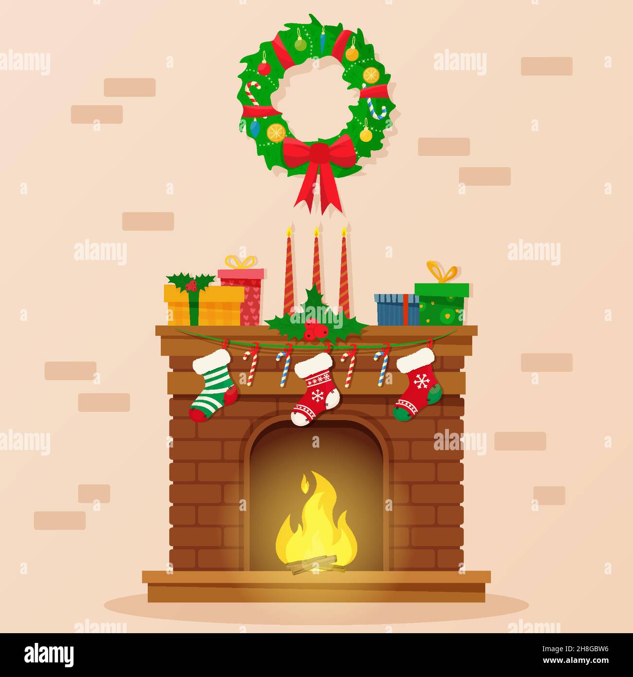 Christmas fireplace with gifts, socks and candles. Flat cartoon style ...
