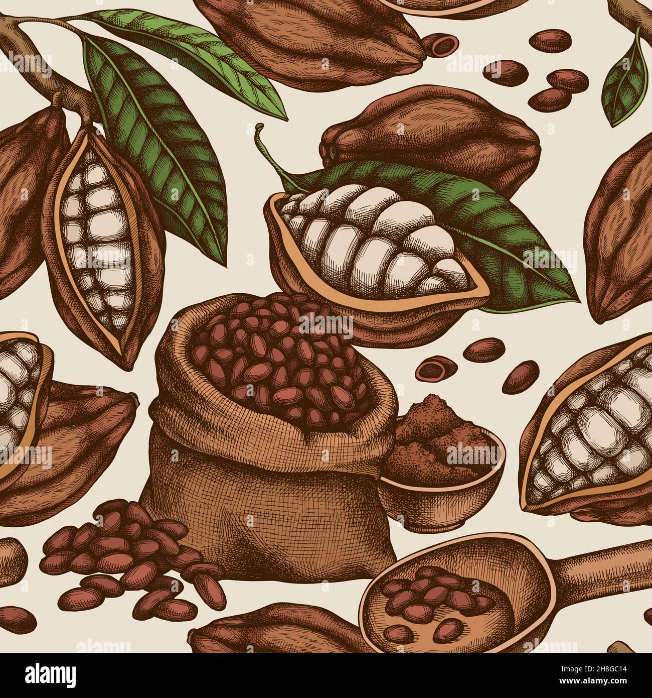 Seamless pattern with hand drawn colored cocoa beans, cocoa Stock ...