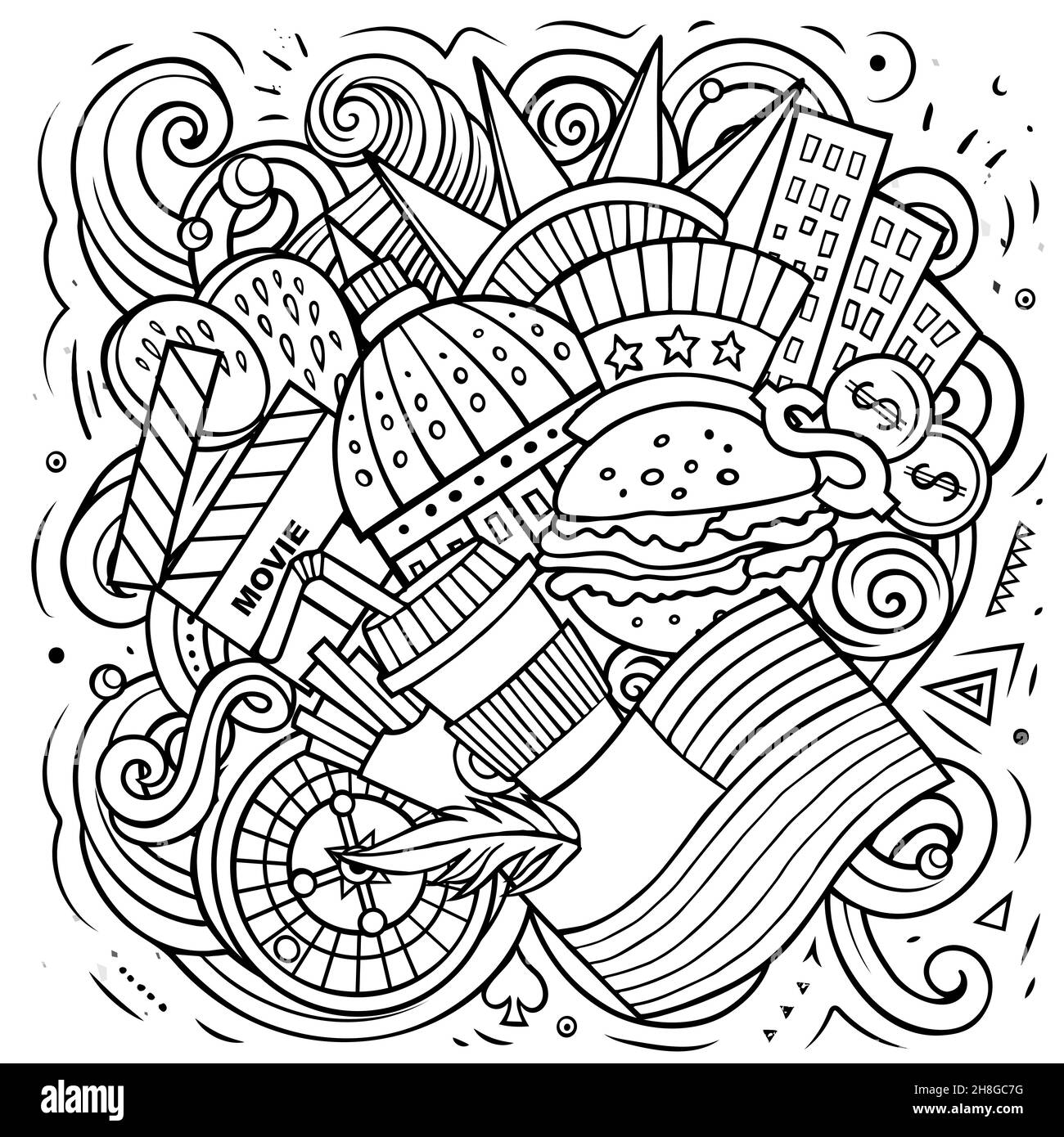 USA cartoon vector doodle illustration. Sketchy detailed composition ...