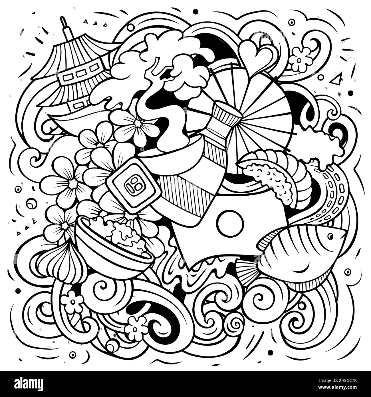 Japan cartoon vector doodle illustration. Sketchy detailed composition ...