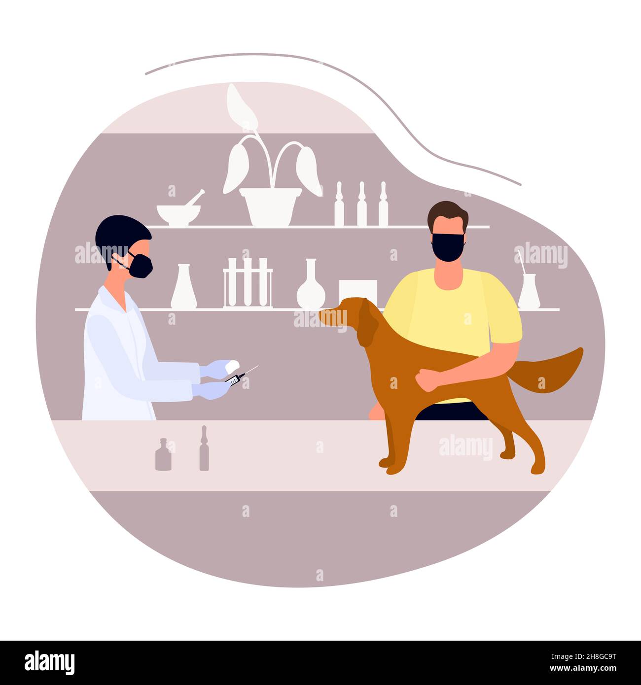 Vector illustration Visit to doctor with dog. Veterinary clinic ...