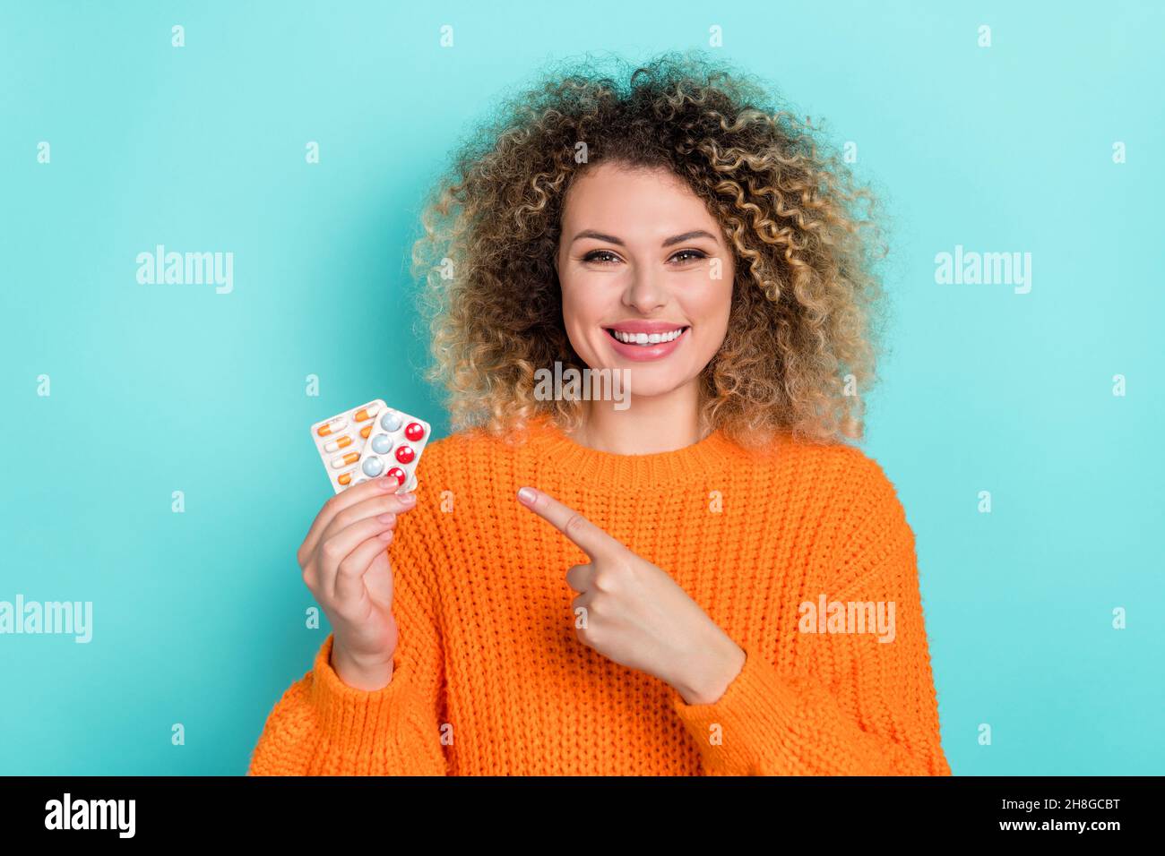 Photo of positive lady hold drug pills direct fingers best option wear ...